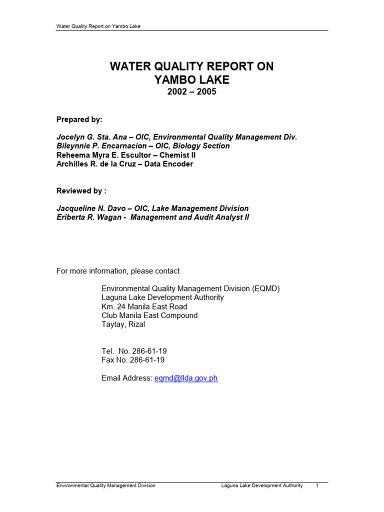 Yambo Lake Water Quality Report 2002-2005 | PDF | Fertilizer | Ammonia