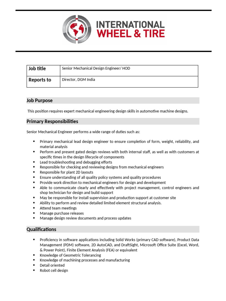 ITE - Sr. Mechanical Engineer | PDF | Engineering | Mechanical Engineering