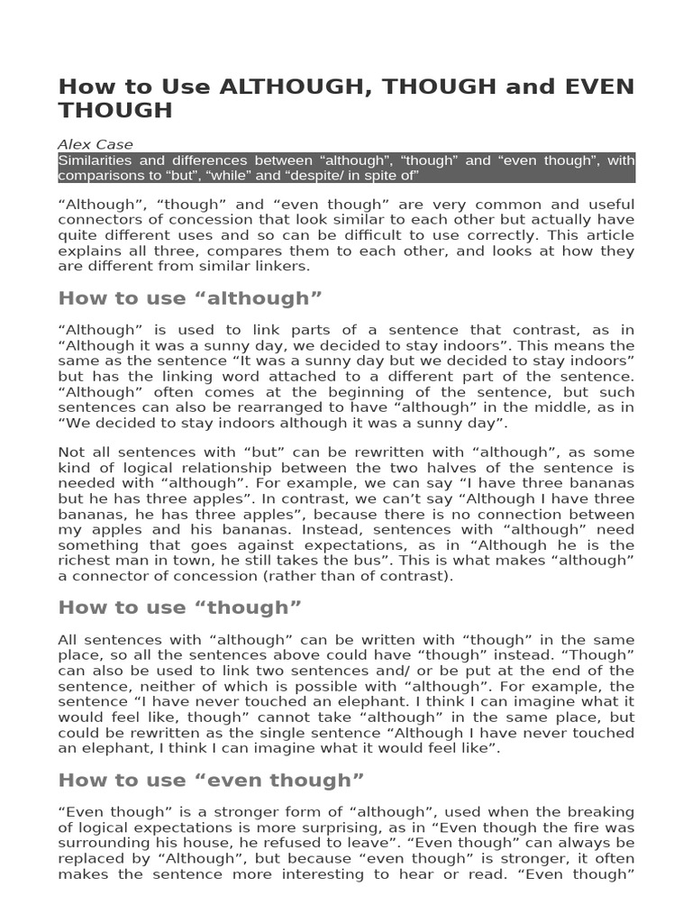 How To Use Although | PDF | Language Mechanics | Linguistics