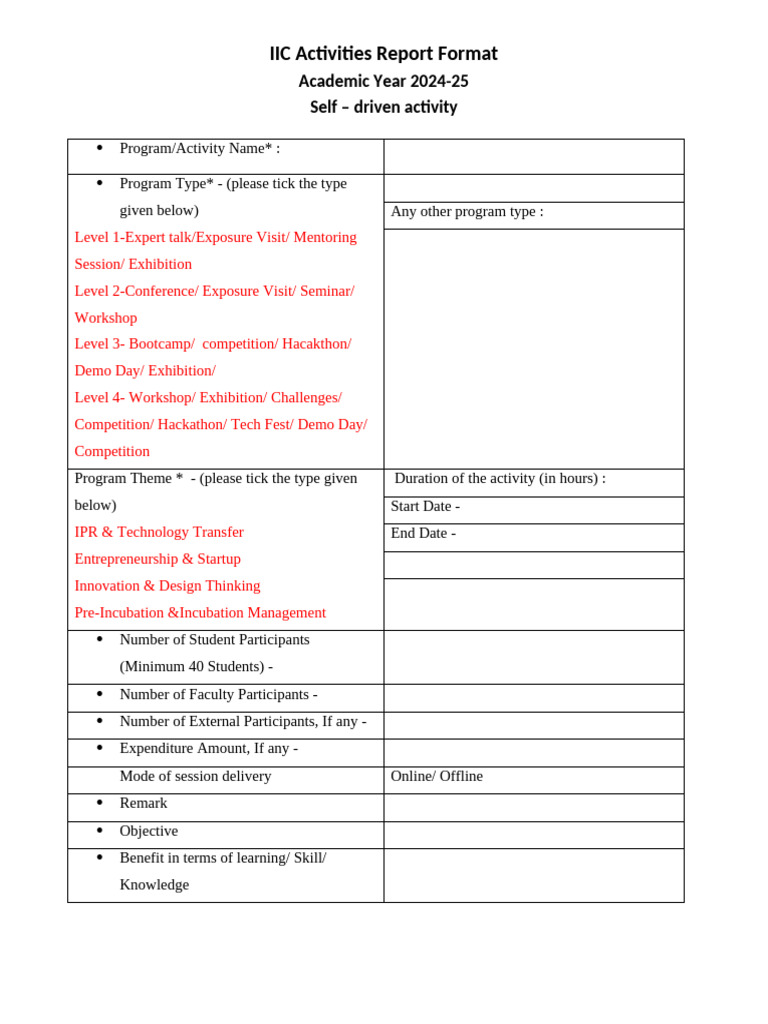 IIC Activities Report Format 2024-25 | PDF