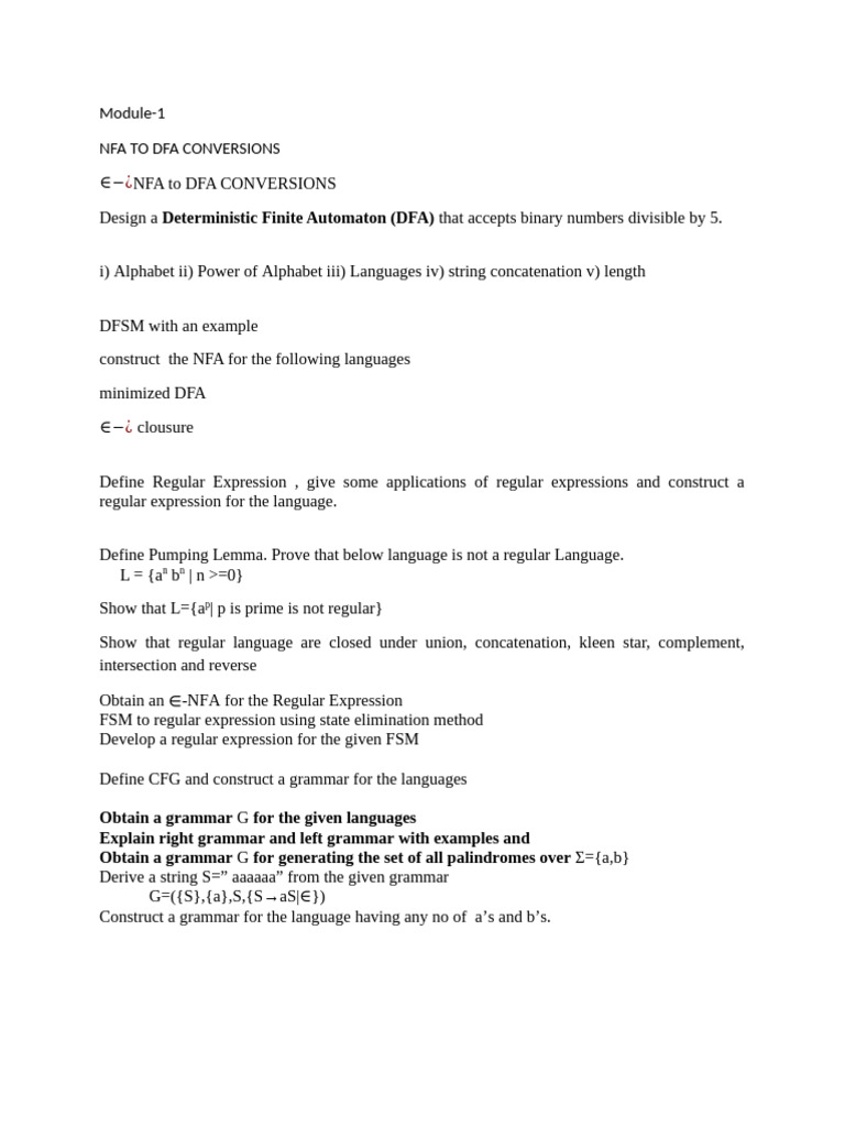 Deterministic Finite Automaton (DFA) : Module-1 Nfa To Dfa Conversions | PDF