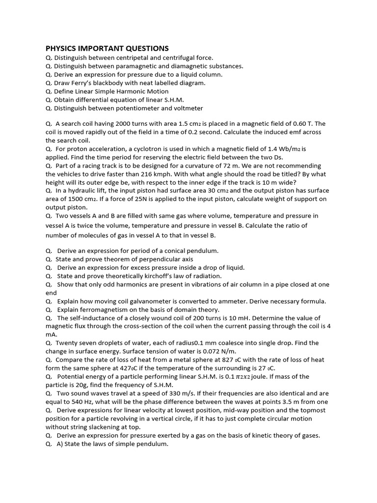 Physics Important Questions | PDF | Waves | Inductor