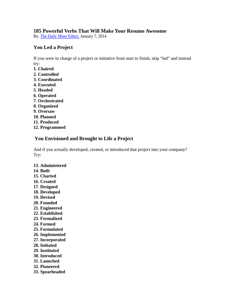 185 Powerful Verbs That Will Make Your Resume Awesome | PDF