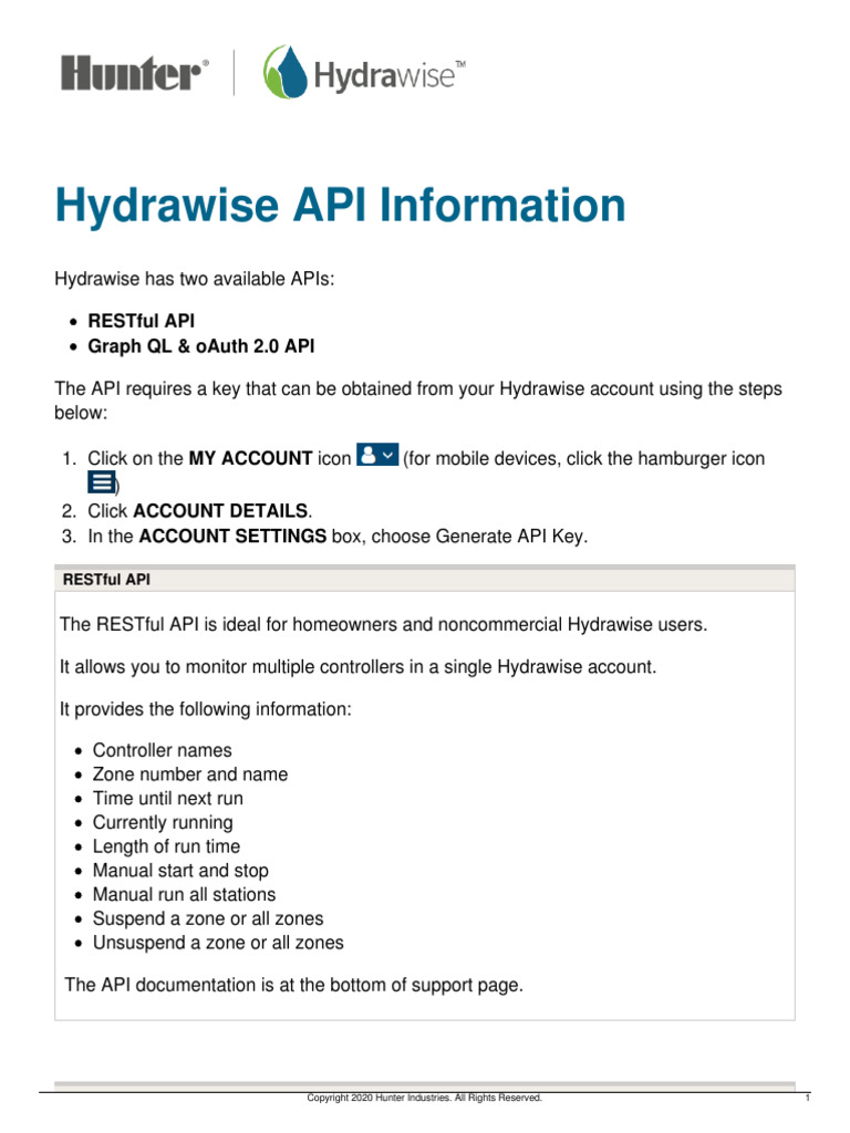 Hydrawise - Hydrawise API Information | PDF