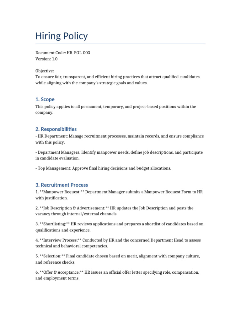 Company Hiring Policy Overview | PDF