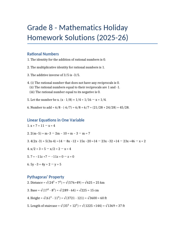 Grade8 Math Holiday Homework Solutions | PDF