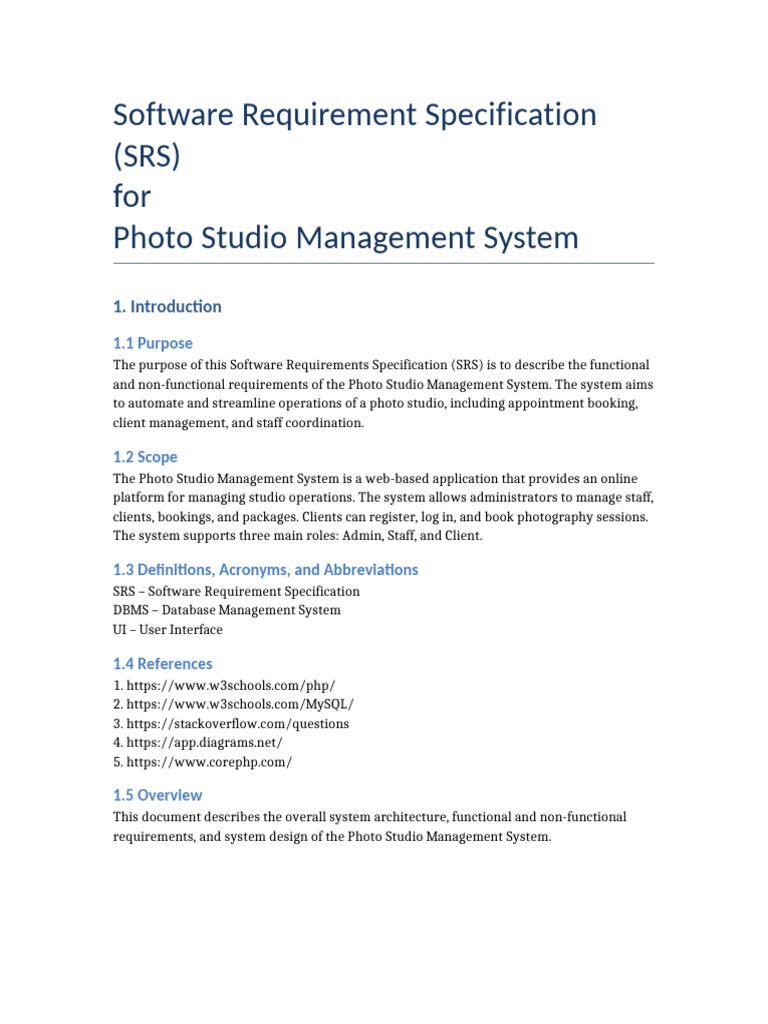 Photo Studio Management System SRS | PDF | World Wide Web | Internet & Web
