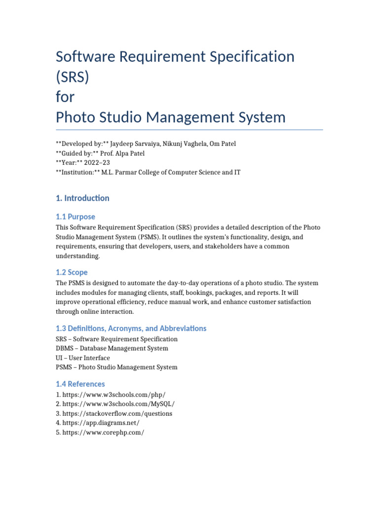 Detailed Photo Studio SRS | PDF | Databases | Software Engineering