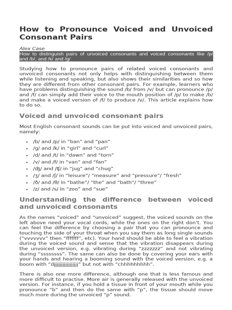 How To Pronounce Voiced and Unvoiced Consonant Pairs | PDF | Human ...