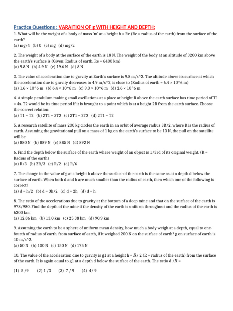 Class 11th - Variation of G | PDF | Weight | Mechanics