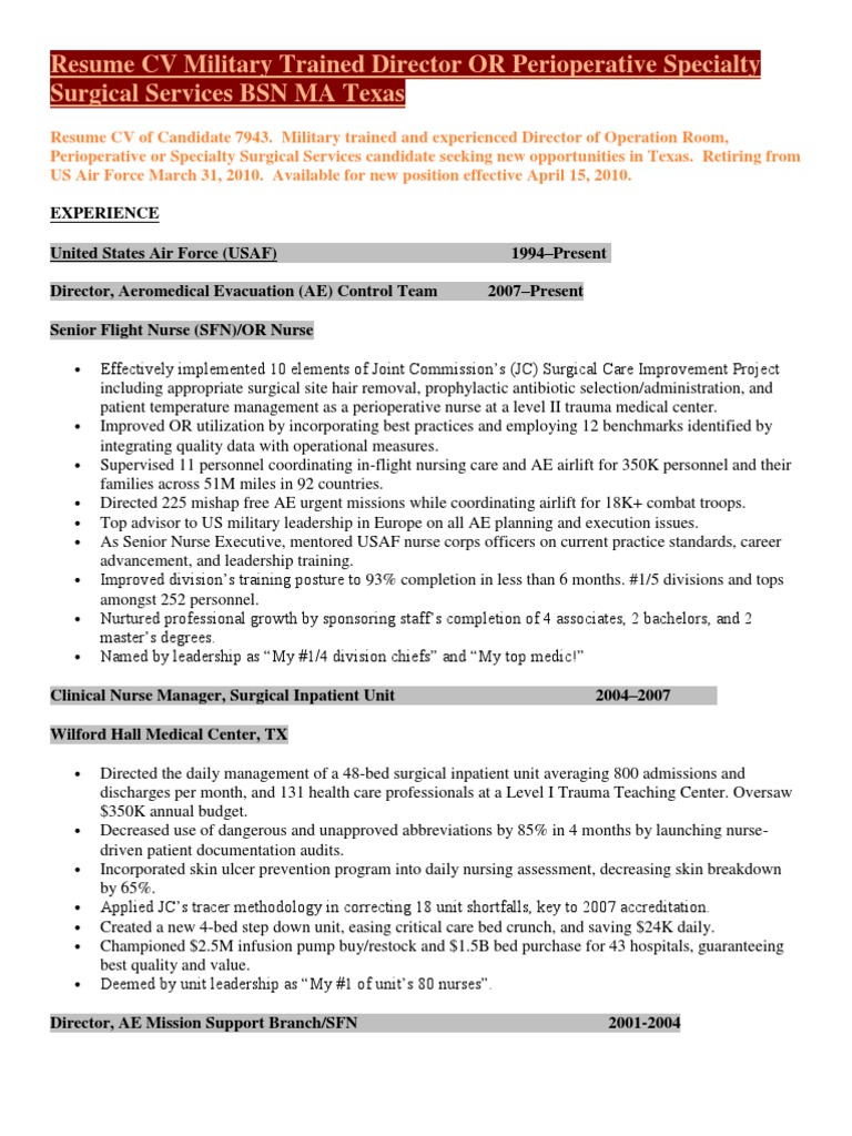 Resume CV Military Trained Director or Perioperative Specialty Surgical ...