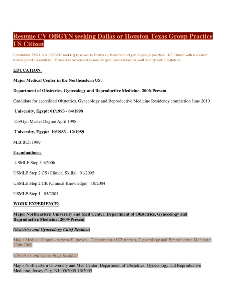 Resume CV OBGYN Seeking Dallas or Houston Texas Group Practice US ...