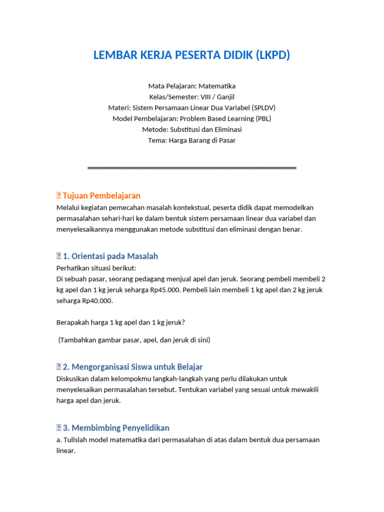 LKPD SPLDV PBL Kelas8 DesainCerah | PDF