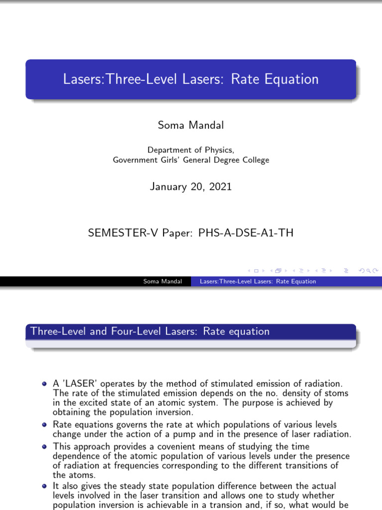 Three-Level Laser Rate Equations Explained | PDF | Laser | Theoretical ...