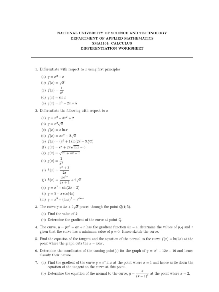 SMA1101 Differentiation Worksheet - 074804 (Original) | PDF | Tangent ...