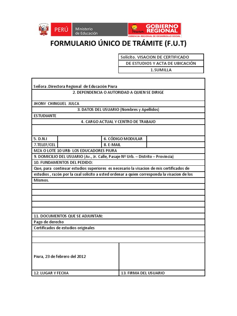 Formulario Único de Trámite | PDF
