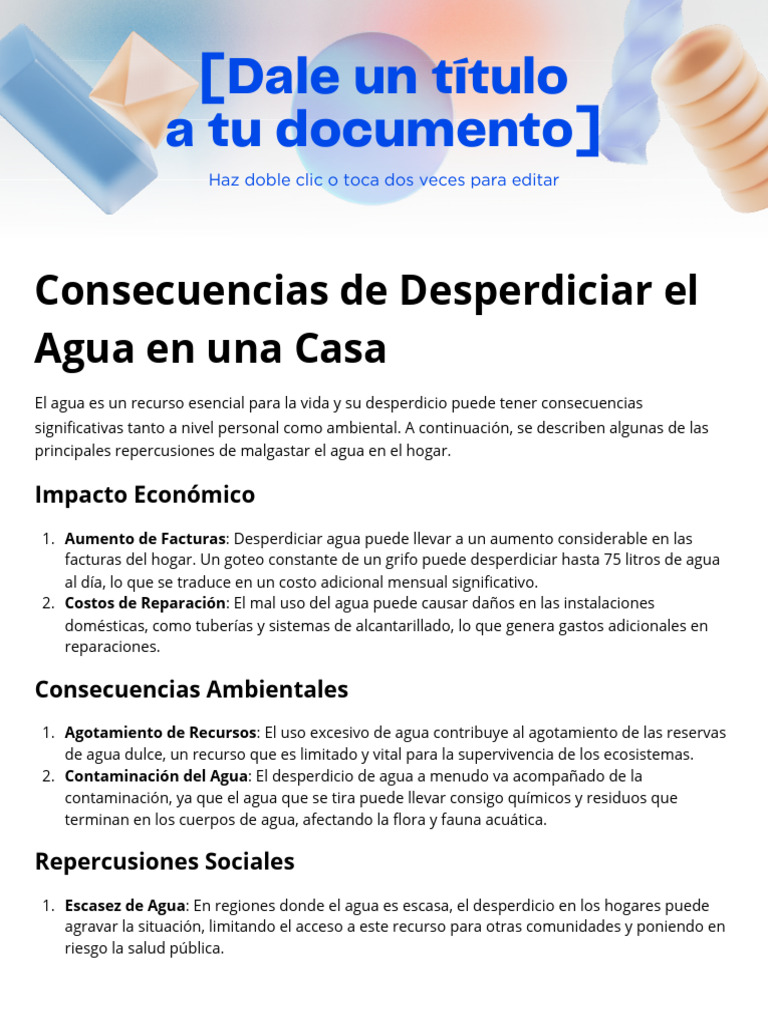 Consecuencias de Desperdiciar El Agua en Una Casa | PDF | Agua ...