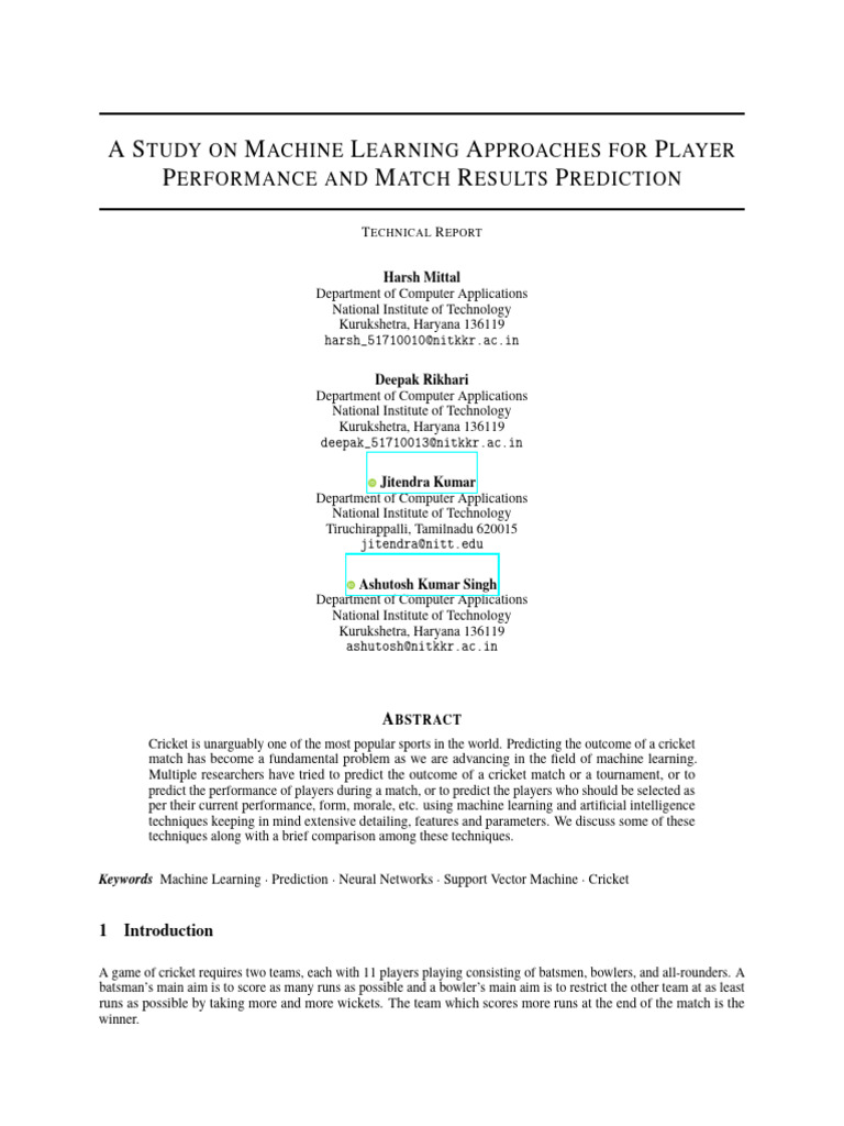 A Study On Machine Learning Approaches For Player Performance and Match Results Prediction | PDF ...