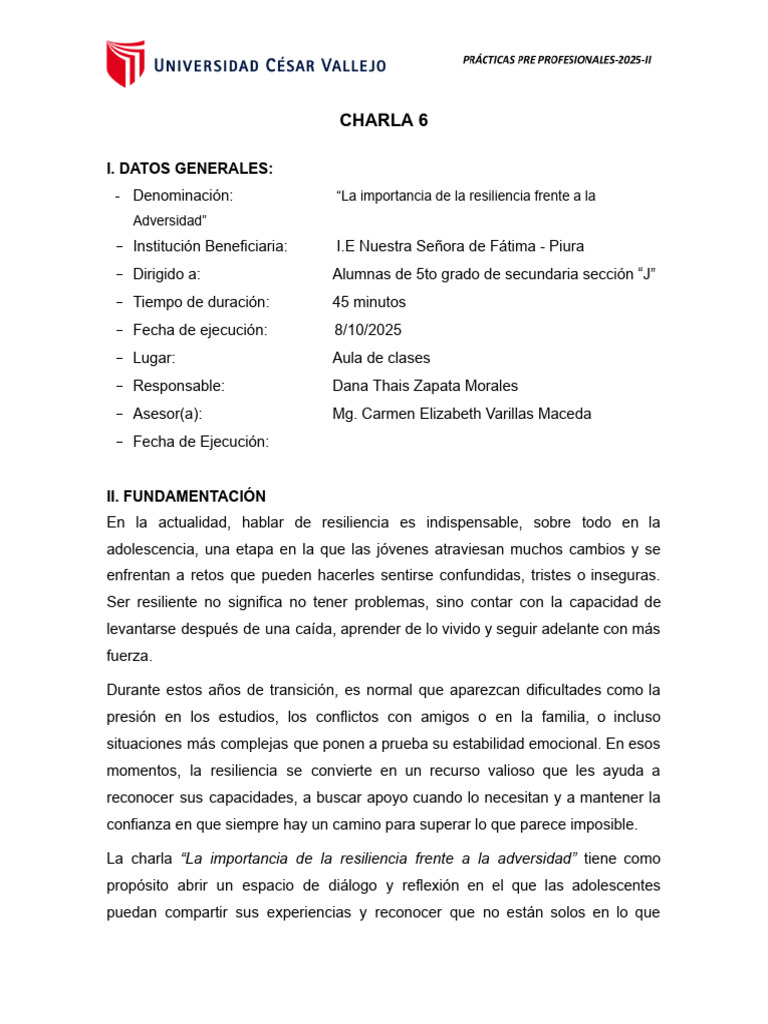 FORMATO ELABORACIÓN de CHARLA#6, "La Importancia de La Resiliencia Frente A La Adversidad" | PDF ...