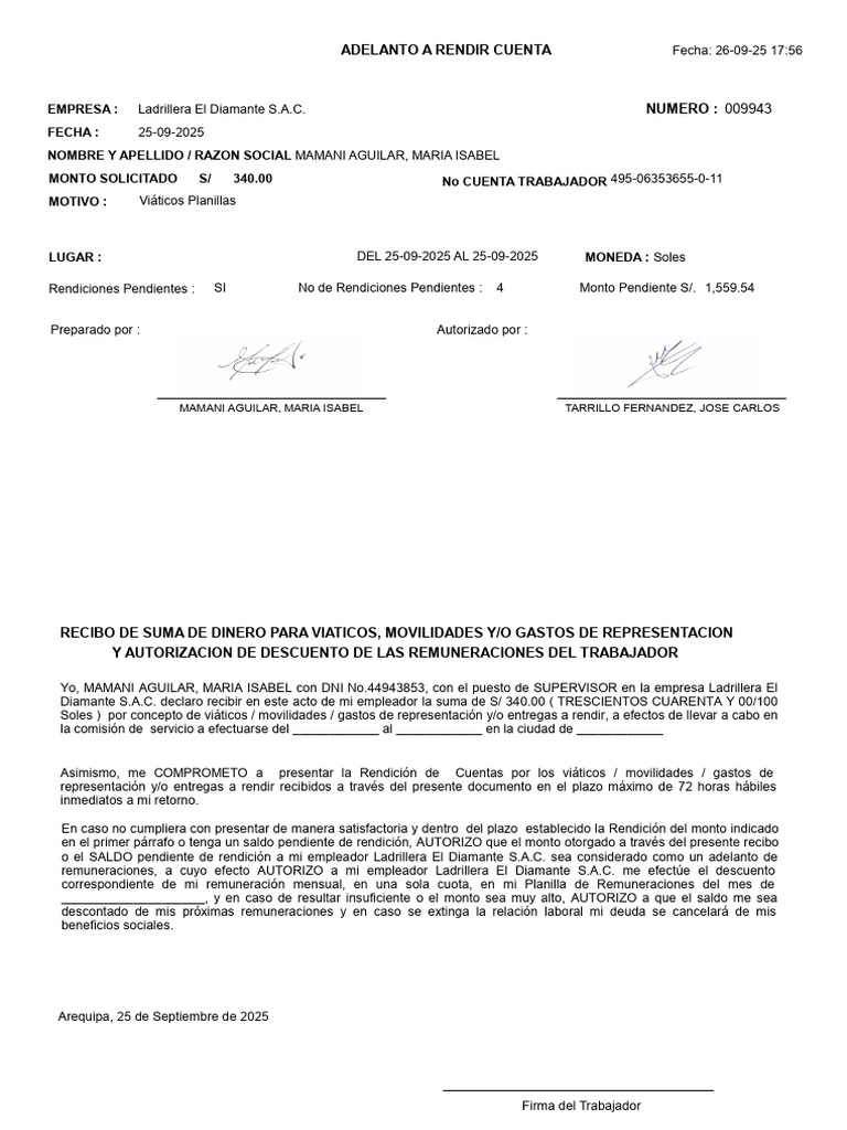 Adelanto A Rendir Maria Mamani Sep2025 | PDF | Economias