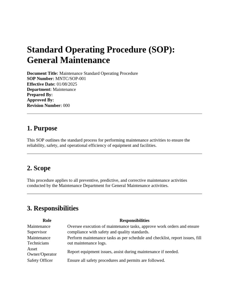 001 Standard Operating Procedure General Maintenance | PDF | Systems ...