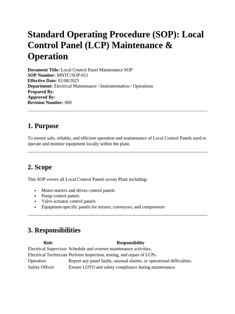 LCP Maintenance SOP for Electrical Panels | PDF | Relay | Electrical Wiring