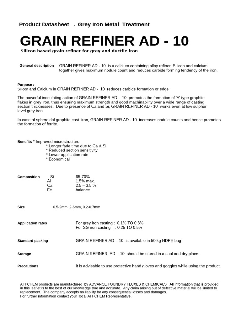 Grey Iron Grain Refiner AD-10 Datasheet | PDF
