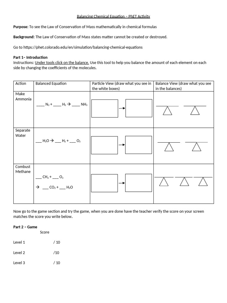 Balancing Chemical Equations - PhET Activity | PDF