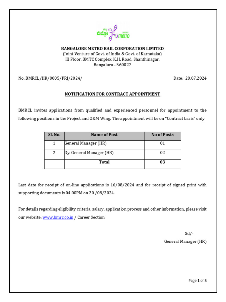 BMRCL HR Contract Job Notification | PDF | Human Resource Management ...