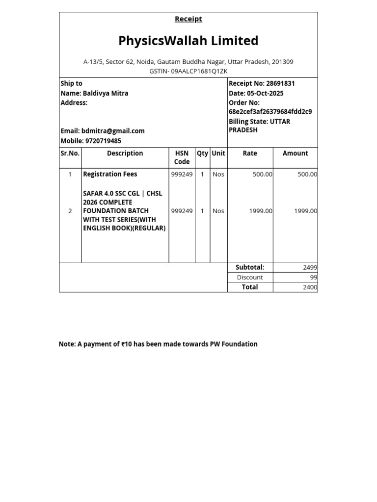 PhysicsWallah Receipt for Baldivya Mitra | PDF