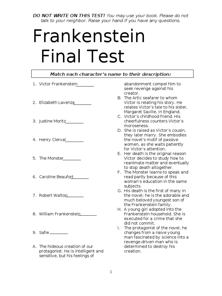 Frankenstein Final Test Worksheet | PDF | Frankenstein