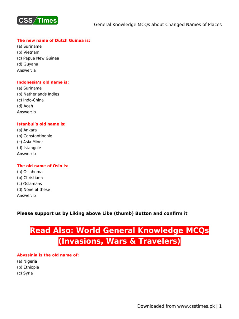 General Knowledge MCQs About Changed Names of Places | PDF