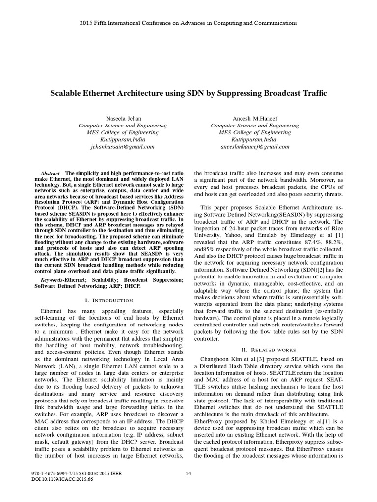 Scalable Ethernet Architecture Using Sdn By Suppressing Broadcast Traffic Pdf Computer