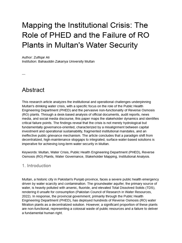 Mapping the Institutional Crisis- The Role of PHED and the Failure of RO Plants in Multan's ...