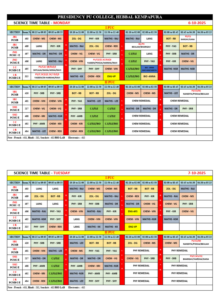Science Time Table 6-10-2025 | PDF