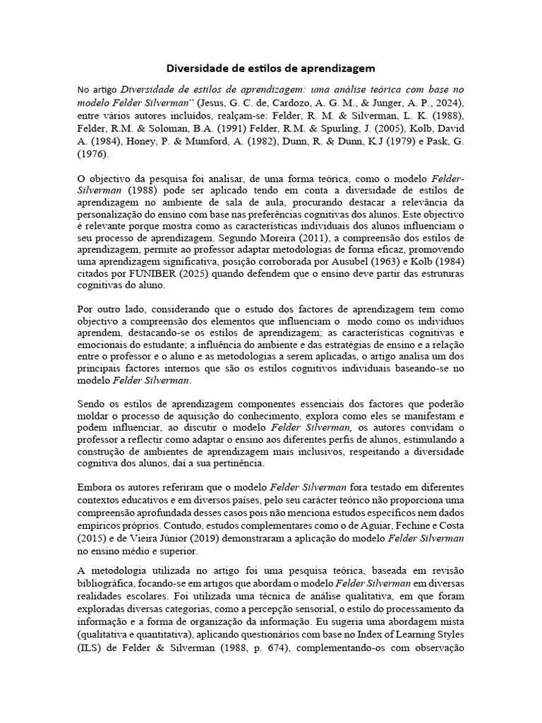 Diversidade De Estilos De Aprendizagem Pdf Aprendizado Estilos De