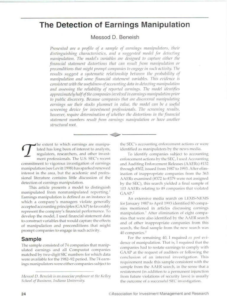Beneish (1999) - The Detection of Earnings Manipulation | PDF | Depreciation | Sampling (Statistics)