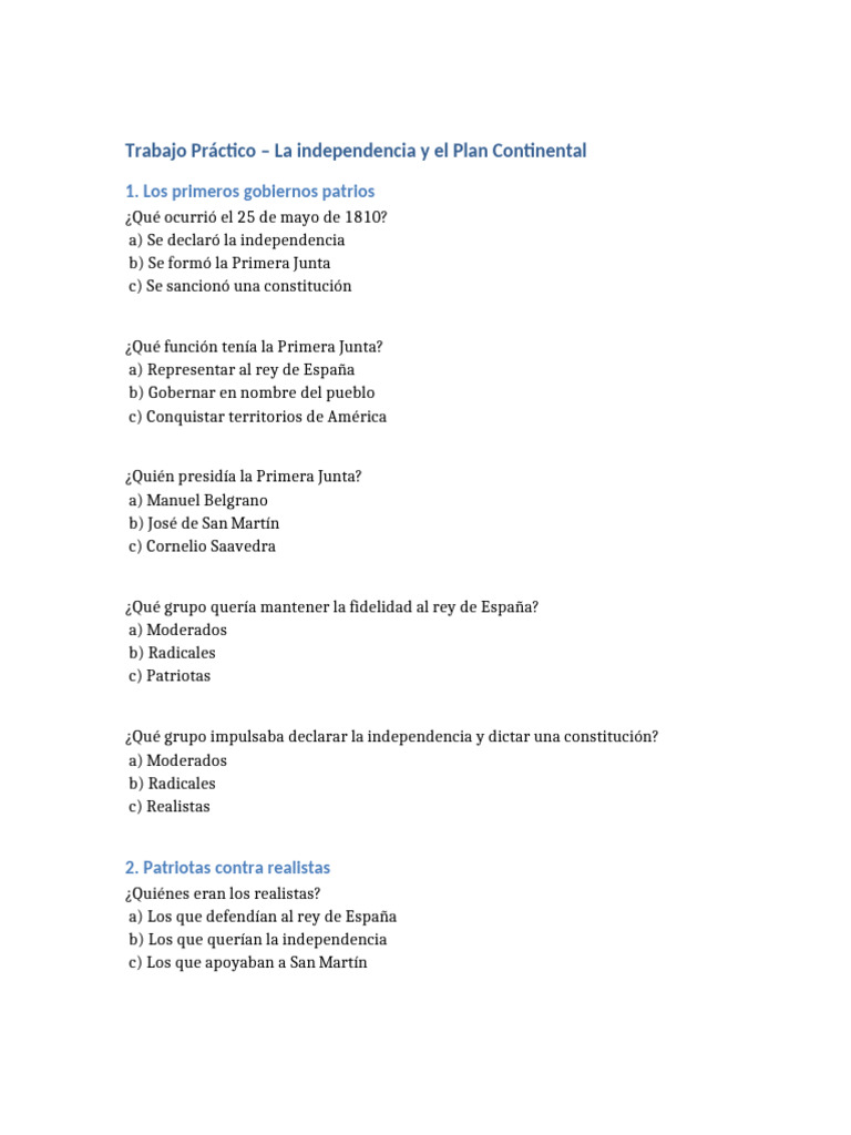 Trabajo Practico Independencia MultipleChoice | PDF | América del Sur ...