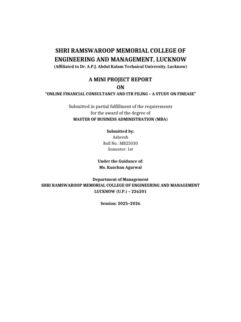 Asheesh MBA Mini Project FinEase | PDF