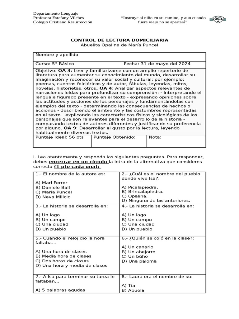 CONTROL DE LECTURA 5° BÁSICO (Abuelita Opalina) | PDF