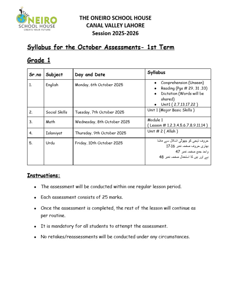 G1 Syllabus For The October Assessments - 1st Term 1 | PDF