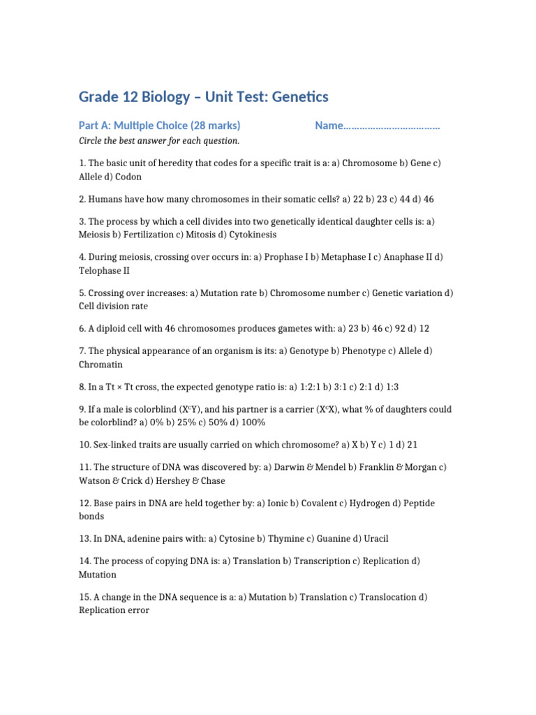 Grade 12 Genetics Unit Test Questions | PDF | Gene | Dna