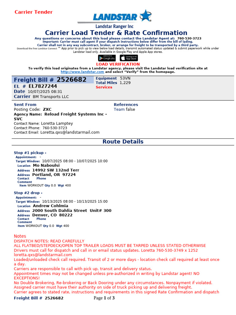 Landstar Carrier Load Tender Details | PDF | Cargo | Transport