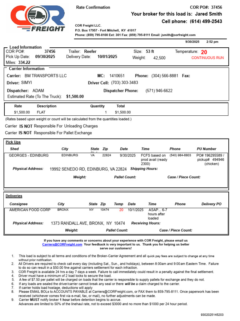 COR Freight Rate Confirmation Details | PDF | Cargo | Transport