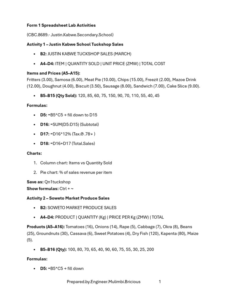 Microsoft Excel Activities Form 1 2025 | PDF | Fruit | Crops