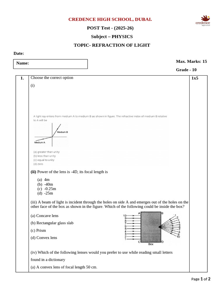 14th May - 2025-G10-Physics - Post Test | PDF | Refractive Index | Light