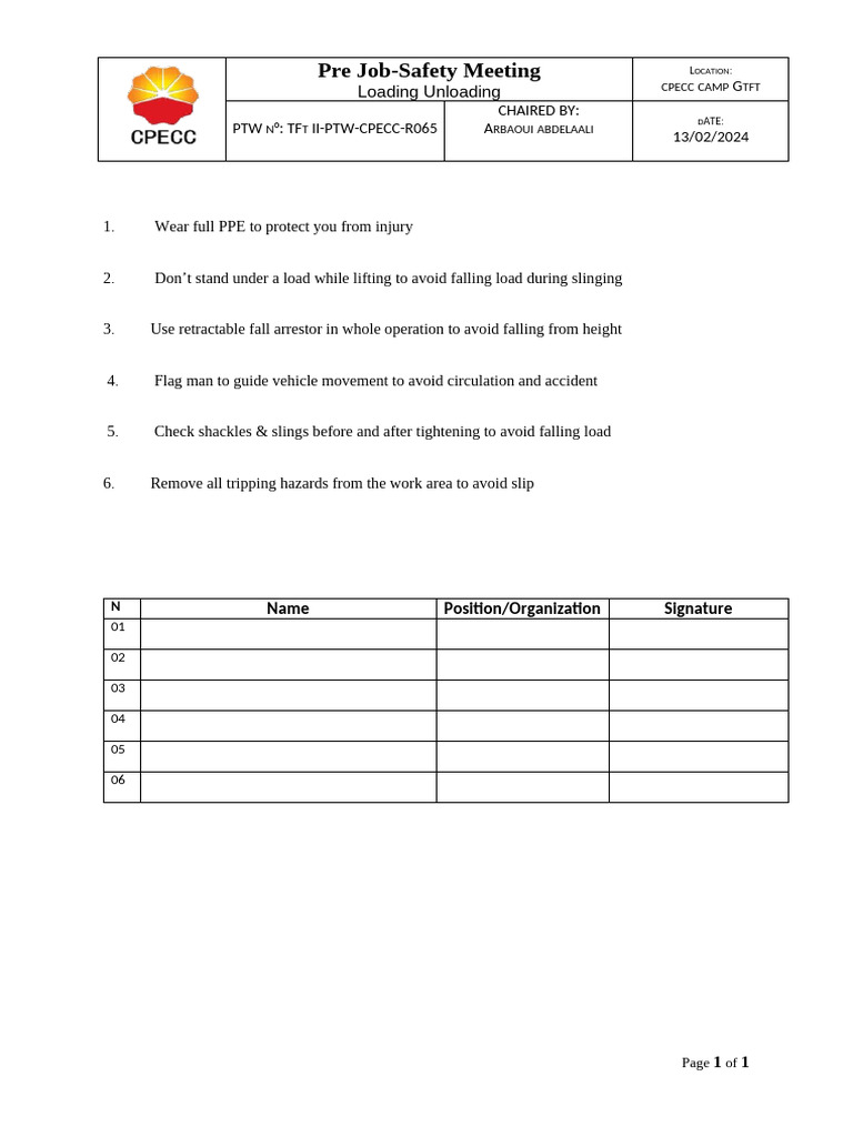 Pre Job Safety Meeting Loading Unloading | PDF