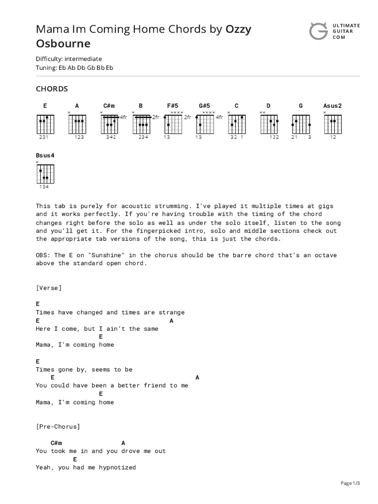 Mama Im Coming Home Chords (Ver 2) by Ozzy Osborne | PDF | Song ...