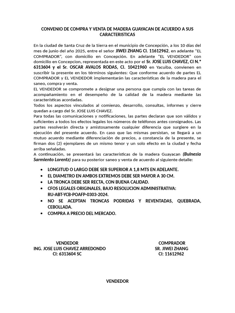 Convenio de Compra y Venta de Madera Guayacan de Acuerdo A Sus ...