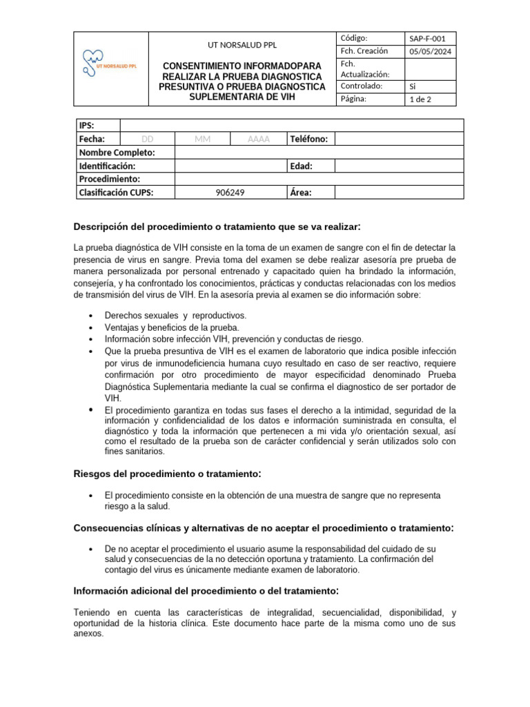 Formato Consentimiento Informado - Exámen de VIH UT | PDF | VIH ...
